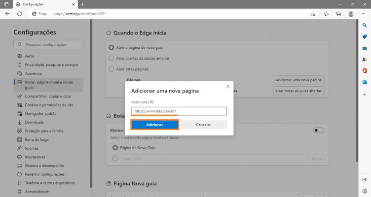 Como mudar a página inicial no navegador Microsoft Edge - WinNotas.com.br